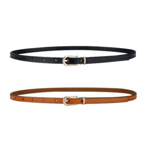 macoking 2 pack thin belts for women leather skinny belt for dress adjustable (black+brown, s)