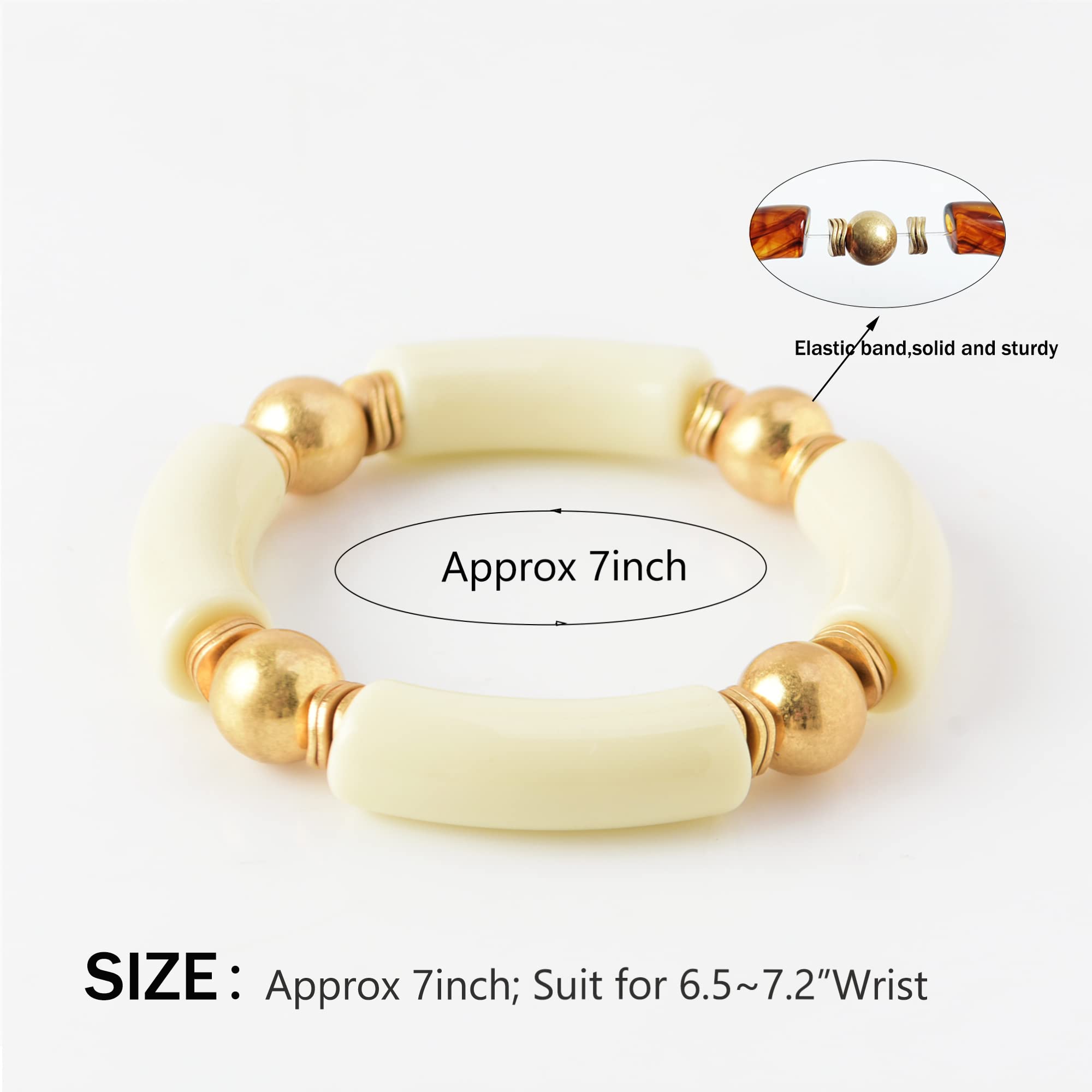 LALAPPLE Gold Plated Beaded Acrylic Bamboo Tube Bangle Bracelets for Women, Colorful Chunky Curved Tube With Gold Pieces Beads Stretch Bracelet Friendship Summer Beach Jewelry (A-Ivory)