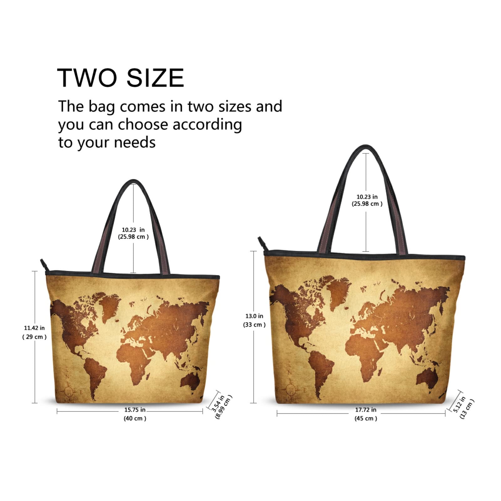 Tote Bag Retro Paper World Map Print, Large Capacity Zipper Women Grocery Bags Purse for Daily Life 2 Sizes