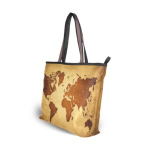 Tote Bag Retro Paper World Map Print, Large Capacity Zipper Women Grocery Bags Purse for Daily Life 2 Sizes