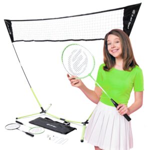 e-jet badminton net rackets shuttlecocks combo set - portable & instant setup (backyard fun, beach park picnic outdoor games), green, 5.1 x 7.8ft, (eob72740)