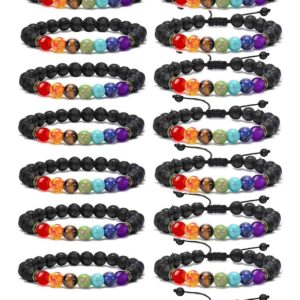 SAMOCO 16Pcs Men Women 8mm Lava Rock 7 Chakras Aromatherapy Essential Oil Diffuser Bracelet Braided Rope Natural Stone Yoga Beads Bracelet Bangle