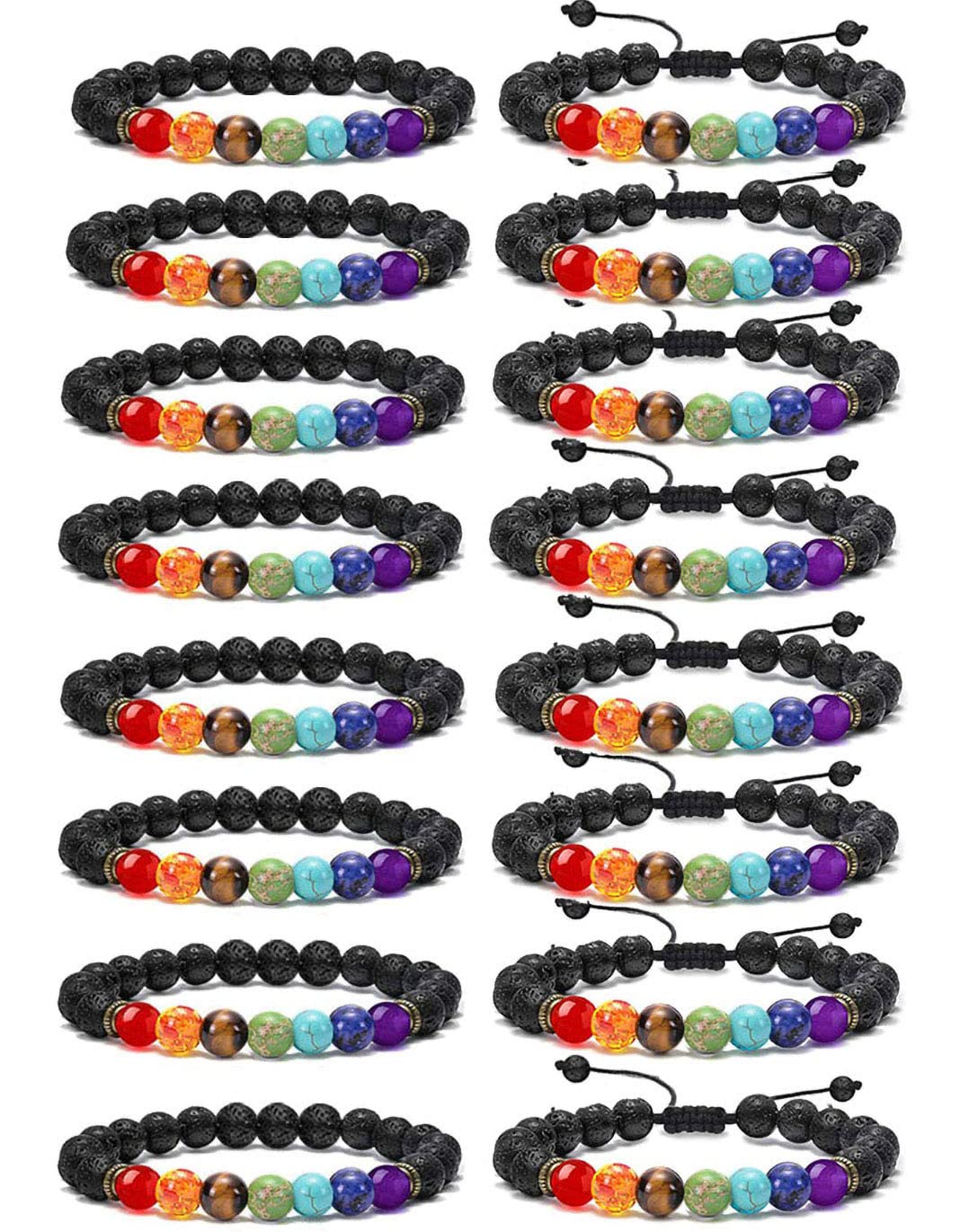 SAMOCO 16Pcs Men Women 8mm Lava Rock 7 Chakras Aromatherapy Essential Oil Diffuser Bracelet Braided Rope Natural Stone Yoga Beads Bracelet Bangle