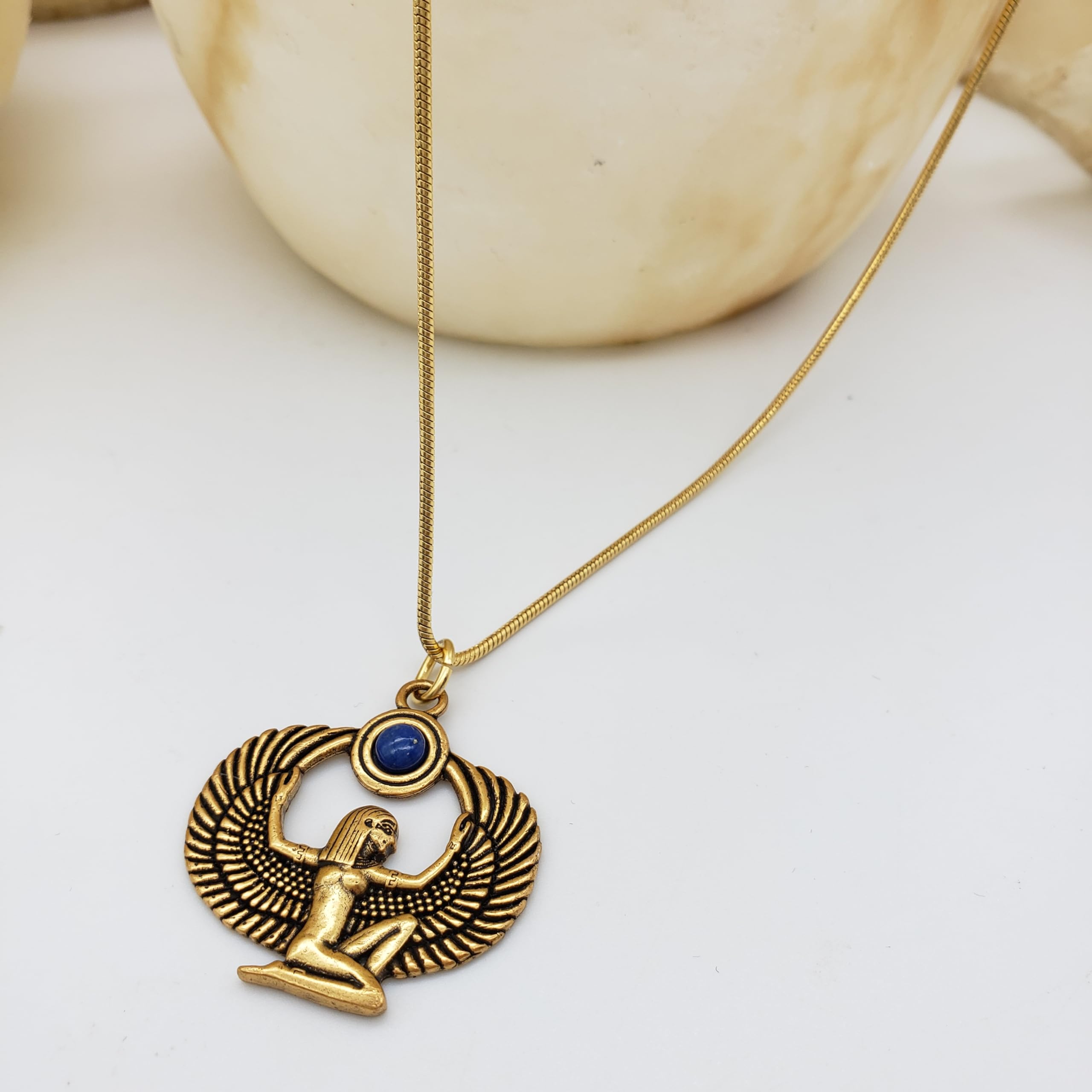 MUSEUM REPRODUCTIONS Egyptian Goddess Isis Pendant Necklace with Lapis - Antique Gold