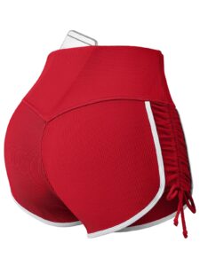 v for city workout shorts for women high waist with pocket ruched side drawstring running yoga gym athletic short pants red