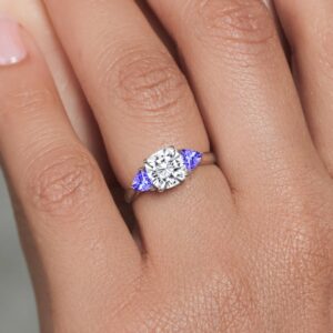 Gem Stone King 10K White Gold Multi Color Multi 3-Stone Engagement Ring For Women (1.92 Cttw, 7MM Cushion and 4MM Trillion, Available In Size 5, 6, 7, 8, 9)