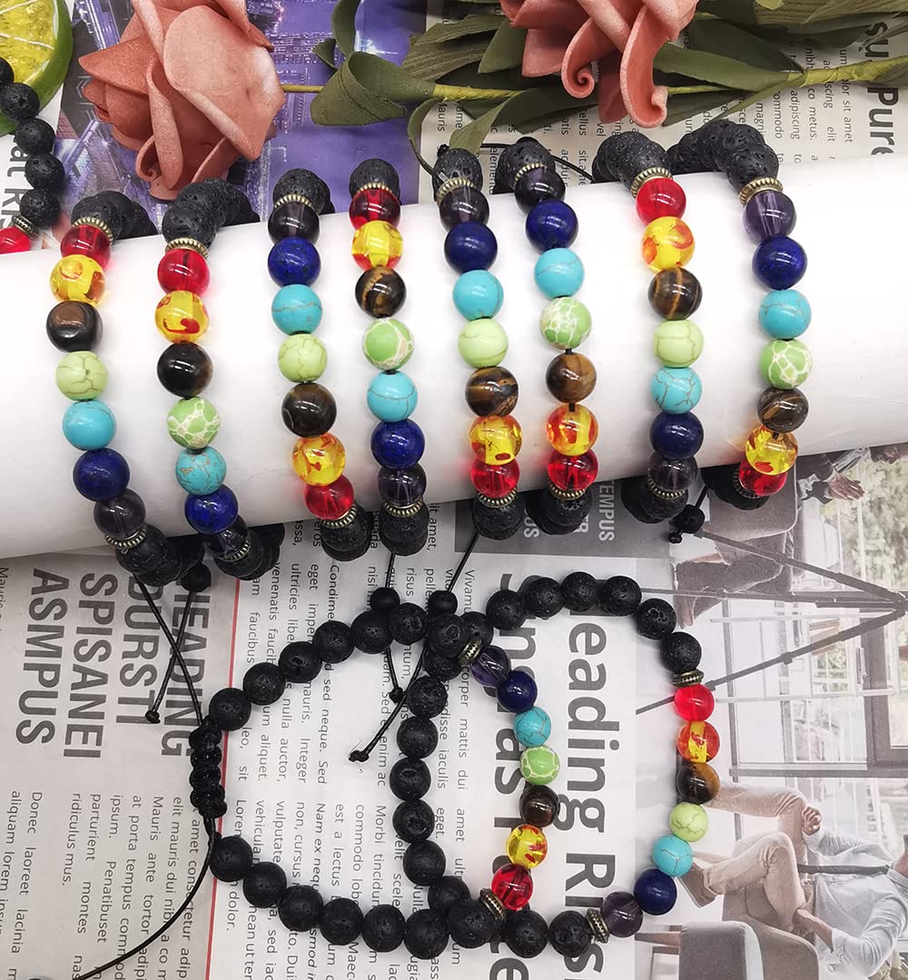 SAMOCO 16Pcs Men Women 8mm Lava Rock 7 Chakras Aromatherapy Essential Oil Diffuser Bracelet Braided Rope Natural Stone Yoga Beads Bracelet Bangle