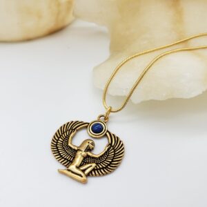 MUSEUM REPRODUCTIONS Egyptian Goddess Isis Pendant Necklace with Lapis - Antique Gold