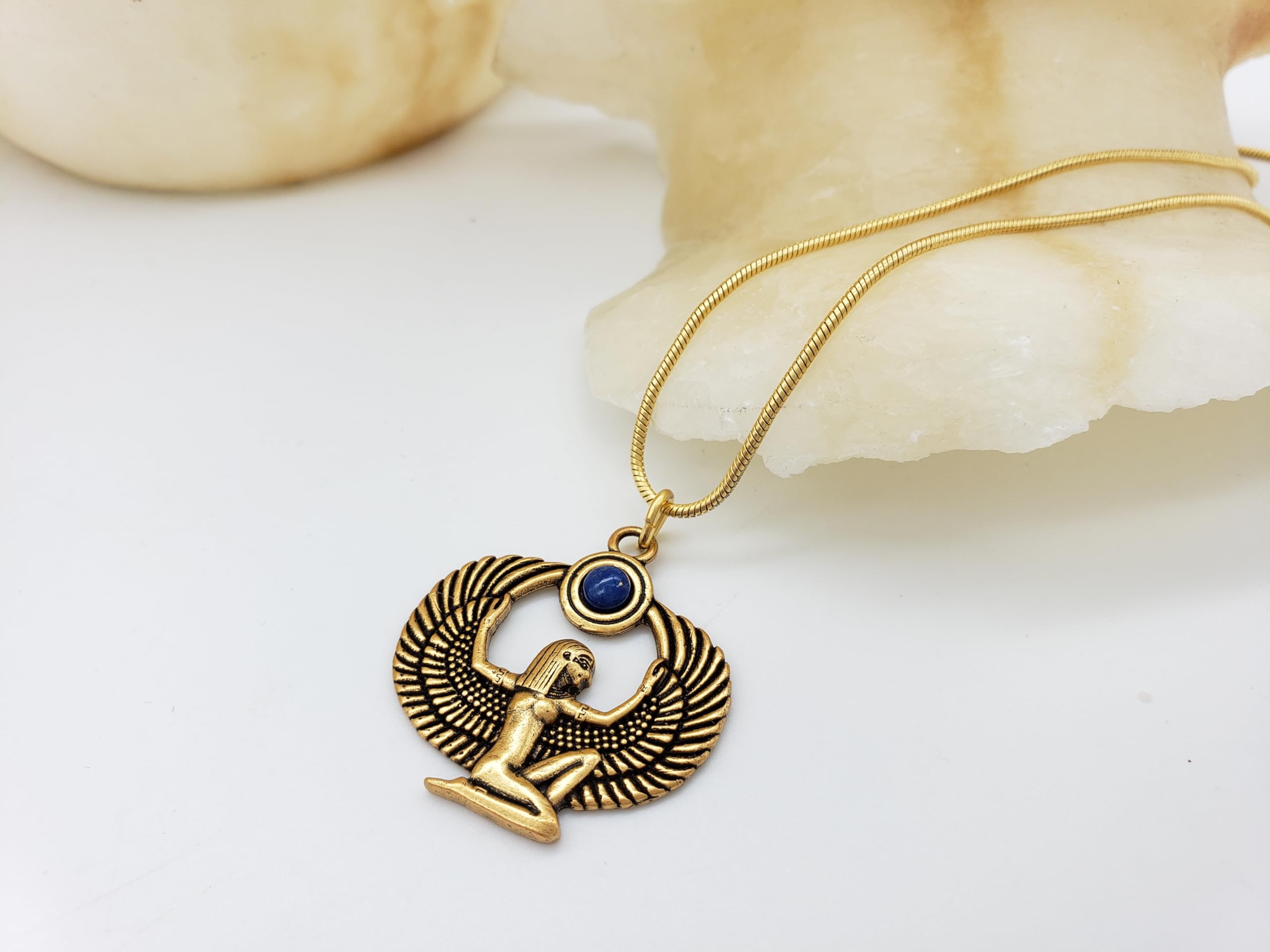 MUSEUM REPRODUCTIONS Egyptian Goddess Isis Pendant Necklace with Lapis - Antique Gold