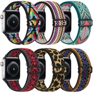 6 packs nylon stretchy bands compatible with apple watch bands 42mm 44mm 45mm for women girls, adjustable braided solo loop sport bands for iwatch series 7 6 se 5 4 3 2 1 leopard aztec boho redpink