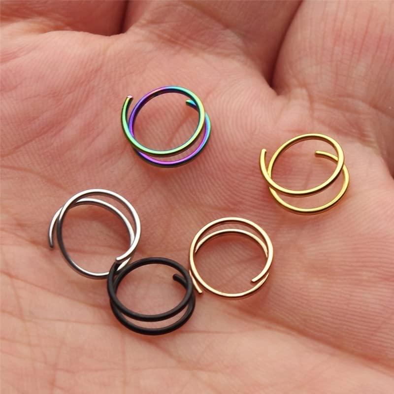 Double Nose Ring Hoops for Single Piercing Double Hoop Nose Ring 20 Gauge 8mm for Single Piercing Double Nose Ring Hoop Double Loop Spiral Nose Rings for Women Girls (20 Gauge 8mm, 6 Mixed Color)