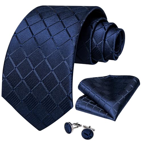 DiBanGu Navy Blue Plaid Ties for Men Silk Jacquard Woven Necktie and Pocket Square Set with Tie Accessories Cufflinks Formal Bussiness