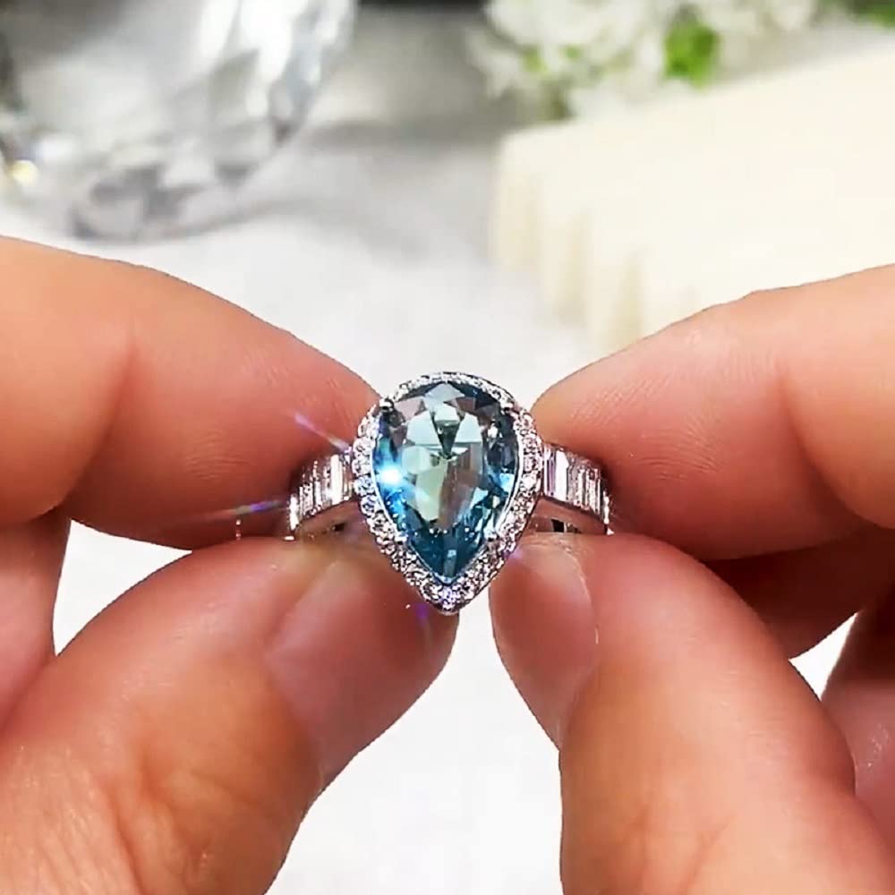 DCFSHEE Fashion Waterdrop Pear Shape Cut Aquamarine Gemstone & Baguette CZ Zircon Promise Rings, Bridal Eternity Engagement Wedding Jewelry (US size 8)