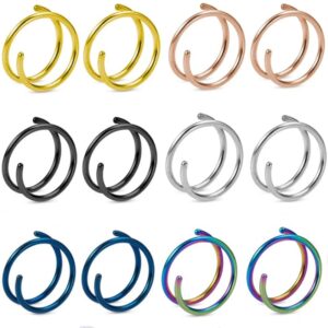 Double Nose Ring Hoops for Single Piercing Double Hoop Nose Ring 20 Gauge 8mm for Single Piercing Double Nose Ring Hoop Double Loop Spiral Nose Rings for Women Girls (20 Gauge 8mm, 6 Mixed Color)