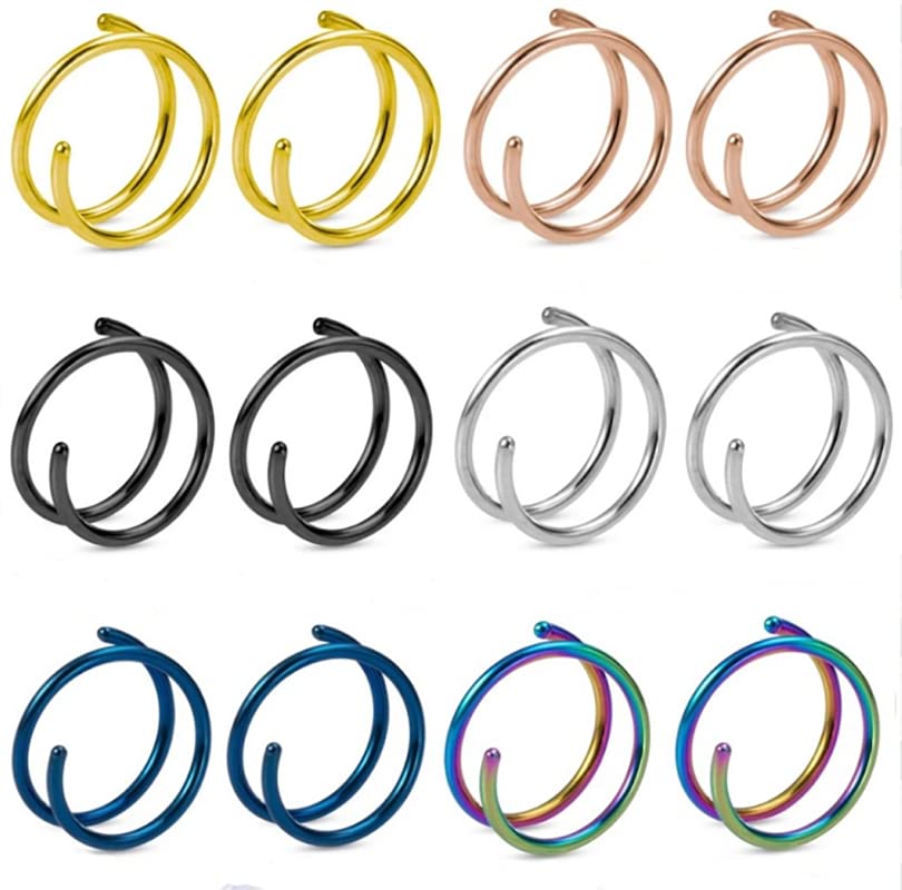 Double Nose Ring Hoops for Single Piercing Double Hoop Nose Ring 20 Gauge 8mm for Single Piercing Double Nose Ring Hoop Double Loop Spiral Nose Rings for Women Girls (20 Gauge 8mm, 6 Mixed Color)