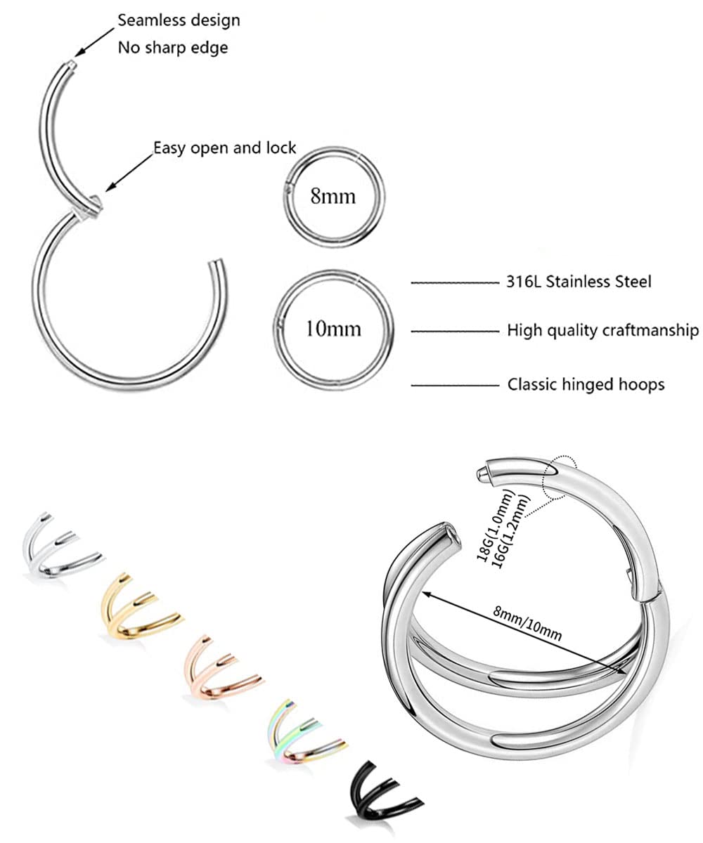 Carper Nose Ring Hoop Nose Ring Double Nose Ring for Single Piercing Clicker Double Septum Ring Jewelry(18g Black 8mm)