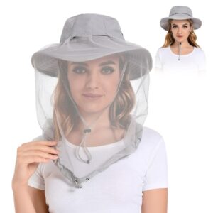 mosquito head net hat - bug cap upf 50+ sun protection with hidden netting for beekeeping hiking men & women light grey