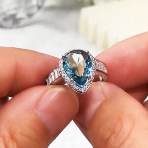 DCFSHEE Fashion Waterdrop Pear Shape Cut Aquamarine Gemstone & Baguette CZ Zircon Promise Rings, Bridal Eternity Engagement Wedding Jewelry (US size 8)