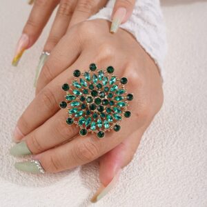 Jumwrit Big Round Ring Green Rhinestone Flower Ring Open Wrap Band Ring Adjustable Finger Ring Gold Knuckle Ring for Women Statement Ring