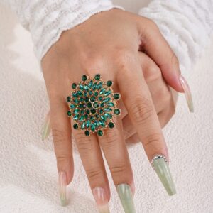 Jumwrit Big Round Ring Green Rhinestone Flower Ring Open Wrap Band Ring Adjustable Finger Ring Gold Knuckle Ring for Women Statement Ring