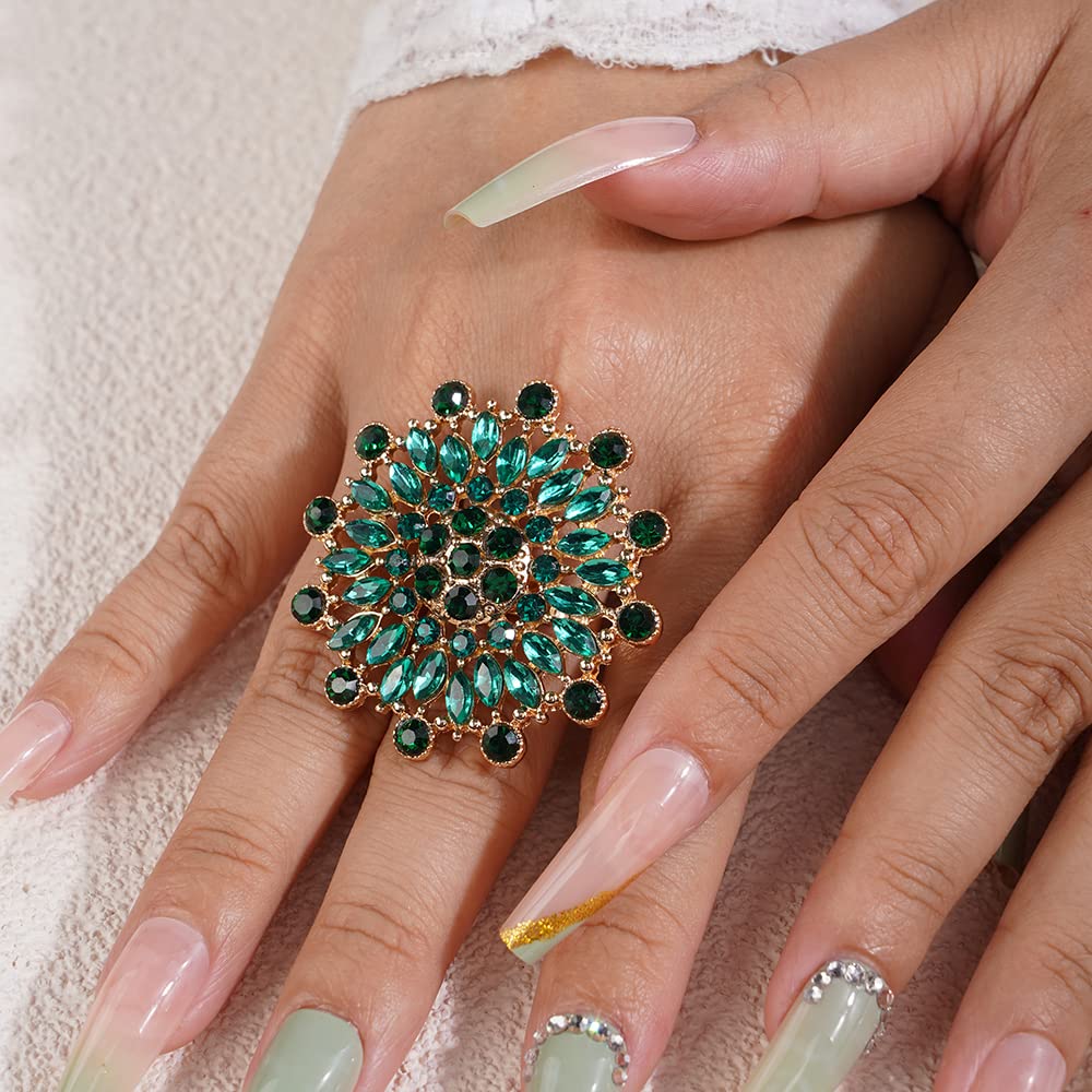 Jumwrit Big Round Ring Green Rhinestone Flower Ring Open Wrap Band Ring Adjustable Finger Ring Gold Knuckle Ring for Women Statement Ring