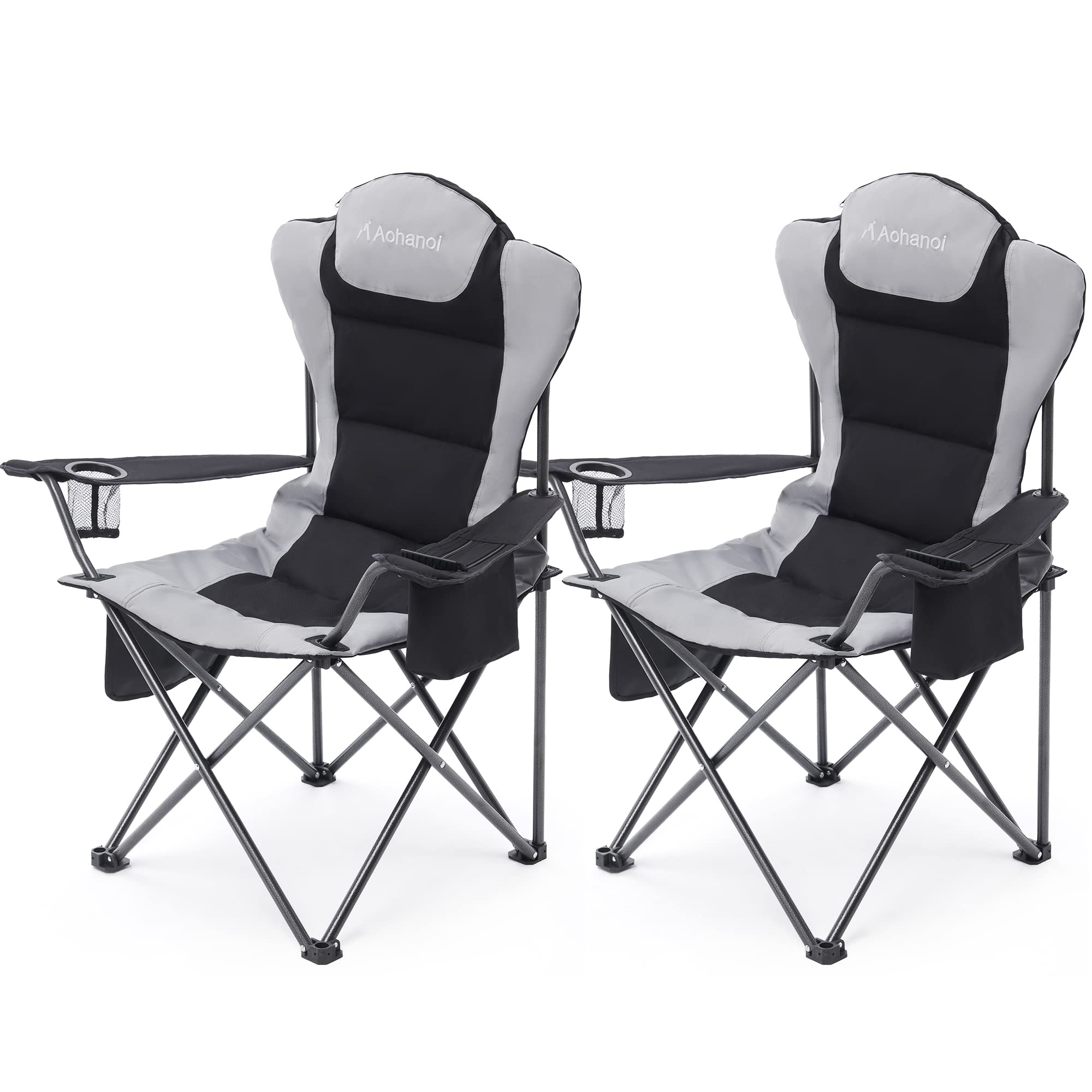 Aohanoi 2 Pack Camp Chairs for Heavy People, Outdoor Folding Camping Chairs with Cup Holder & Cooler Bag for Outside Supports up to 300lbs (2 Pcs, Black)