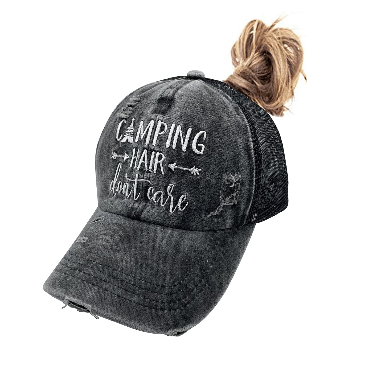 Waldeal Embroidered Camping Hair Don't Care Trucker Hat Distressed Messy Bun Ponytail Baseball Cap for Men Women Black