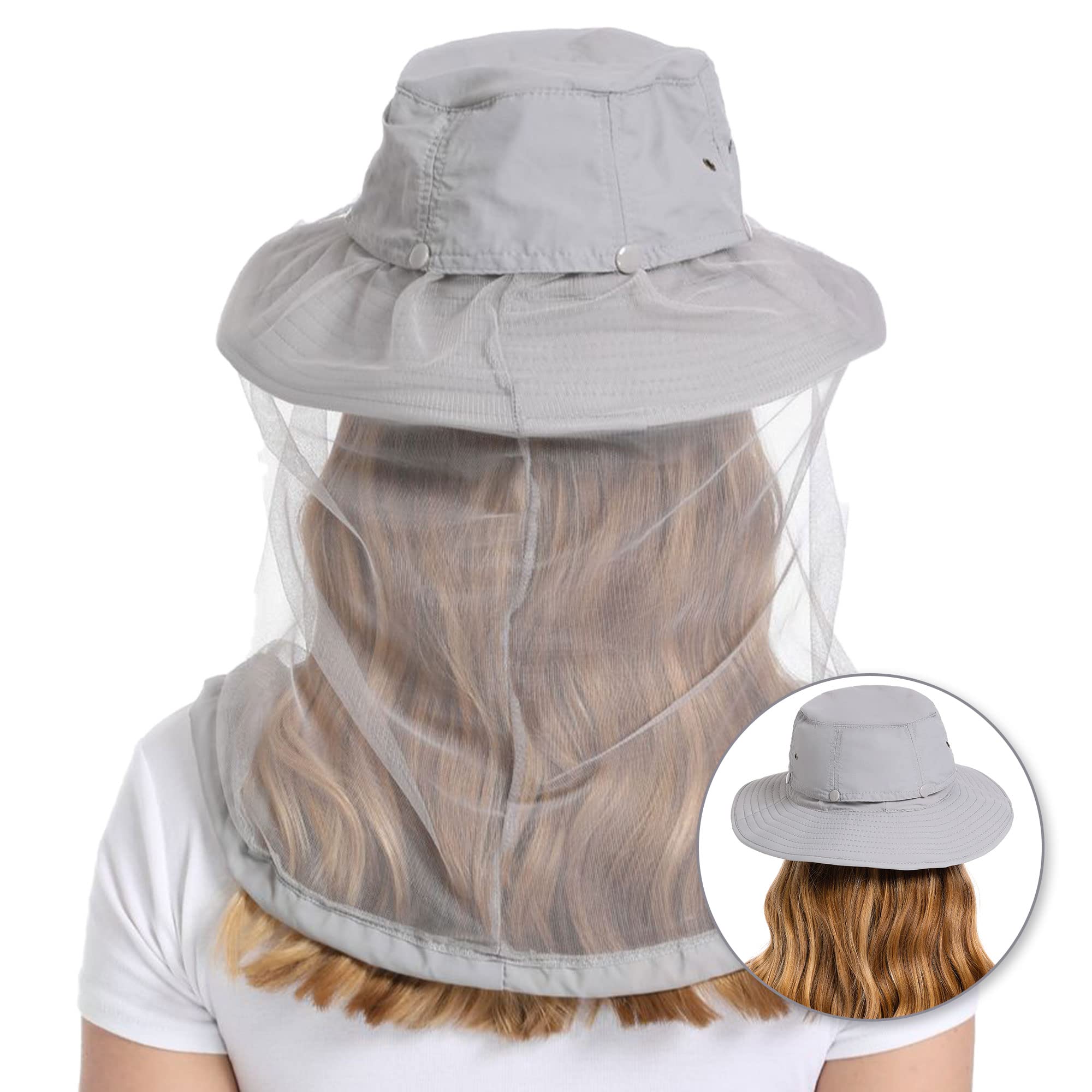 Mosquito Head Net Hat - Bug Cap UPF 50+ Sun Protection with Hidden Netting for Beekeeping Hiking Men & Women Light Grey