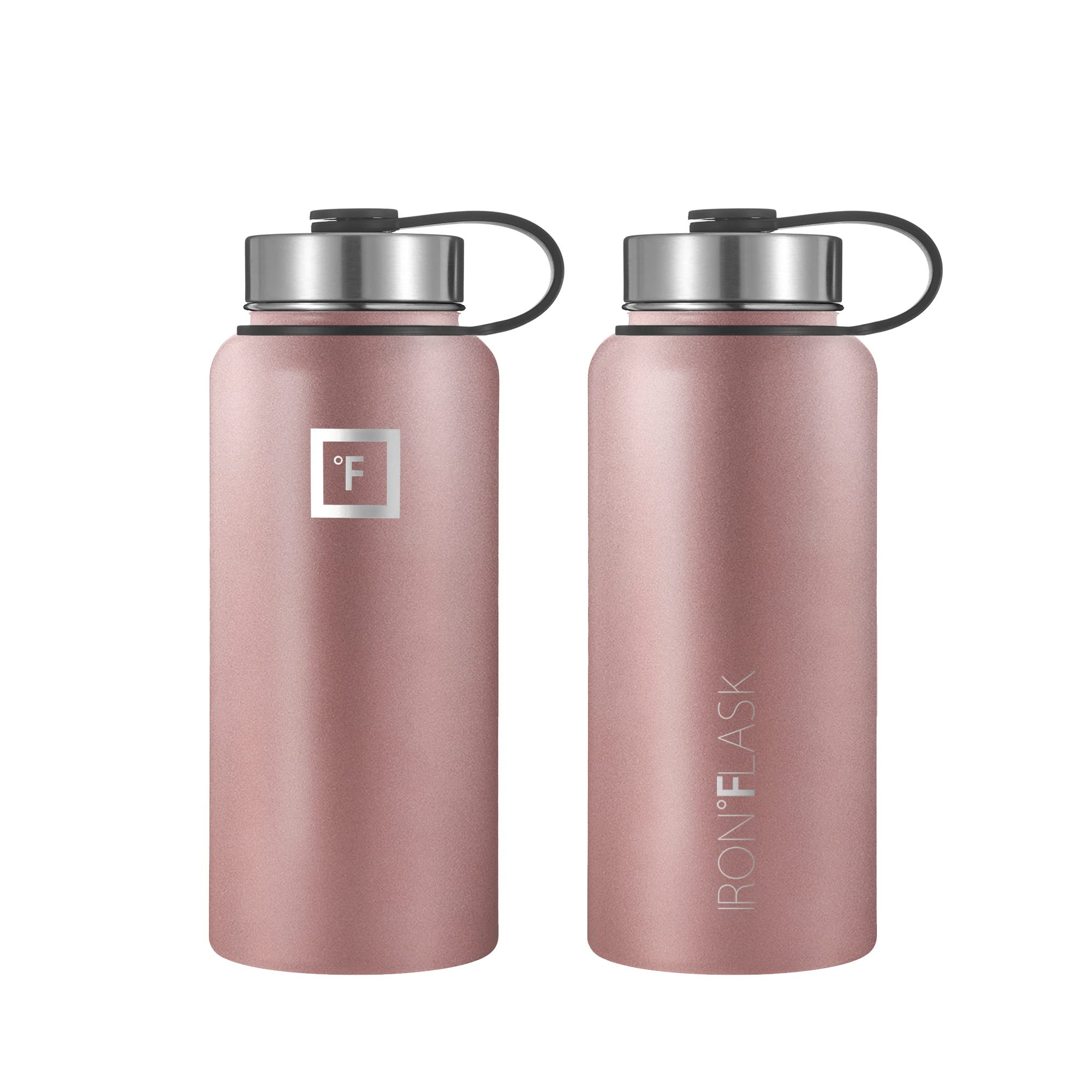 IRON °FLASK Camping & Hiking Hydration Flask, Wide Mouth, 3 Straw Lids, Stainless Steel Outdoor Water Bottle, Double Walled, Insulated Thermos, Metal Canteen - Rose Gold, 32 Oz