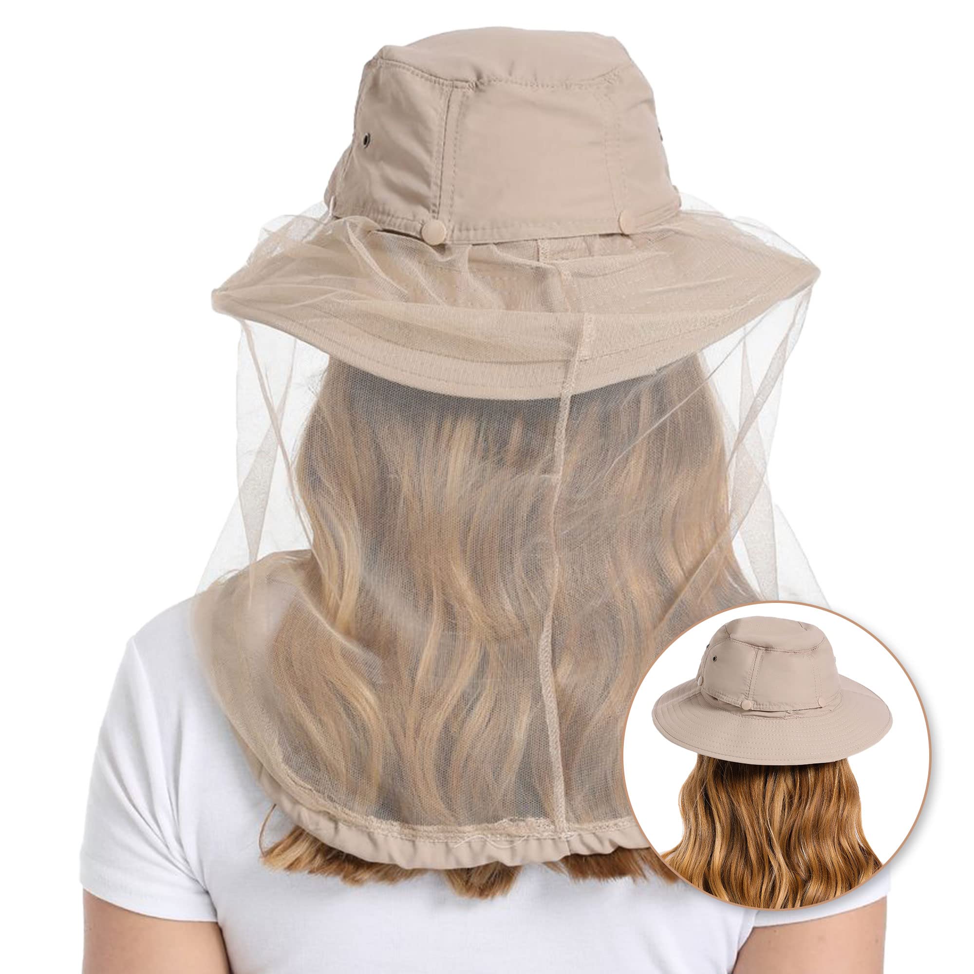 Mosquito Head Net Hat - Bug Cap UPF 50+ Sun Protection with Hidden Netting for Beekeeping Hiking Men & Women Khaki