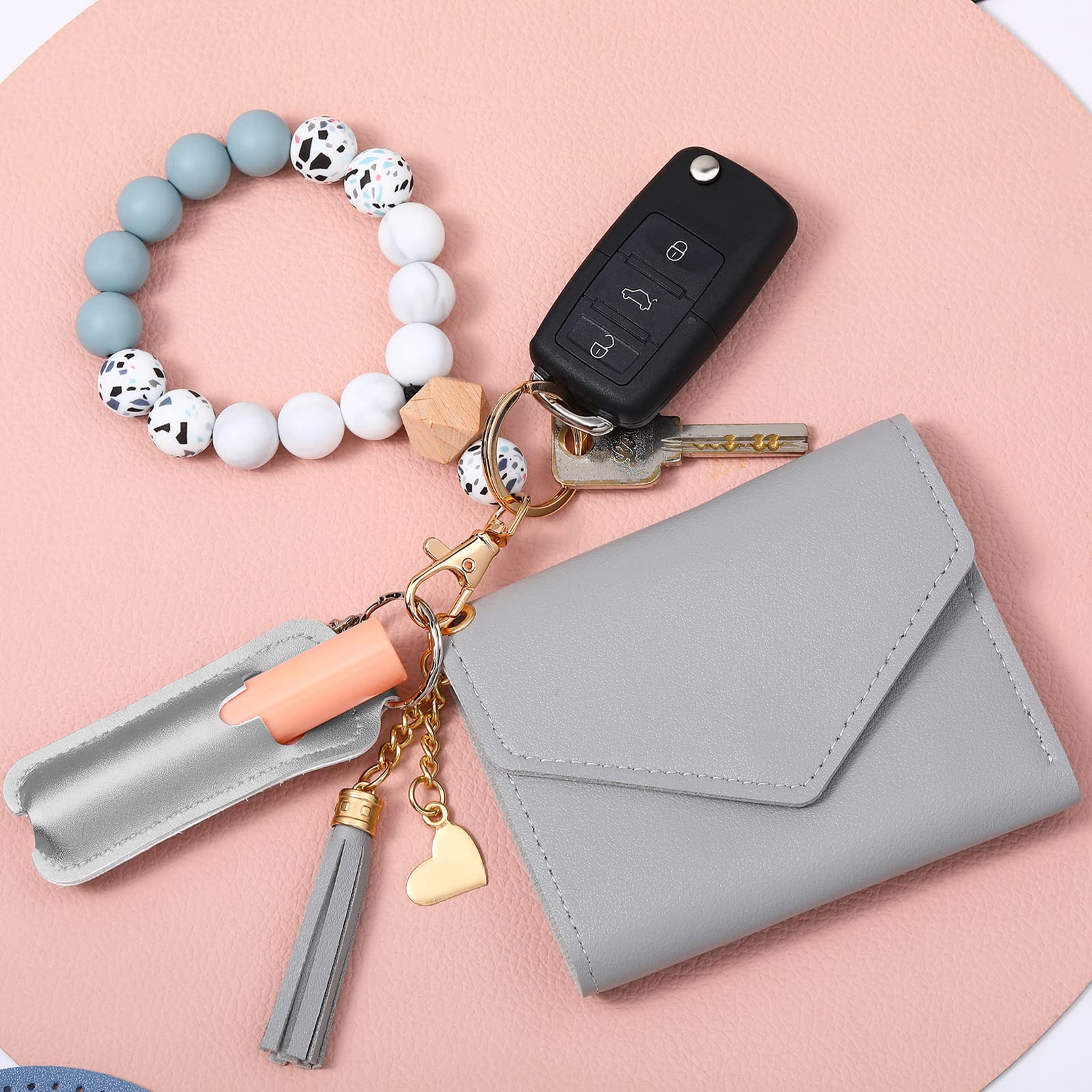 Weewooday Wristlet Bracelet Keychain with Wallet Silicone Beaded Keychain Leather Keychain Lipstick Holder Sleeves (Gray)