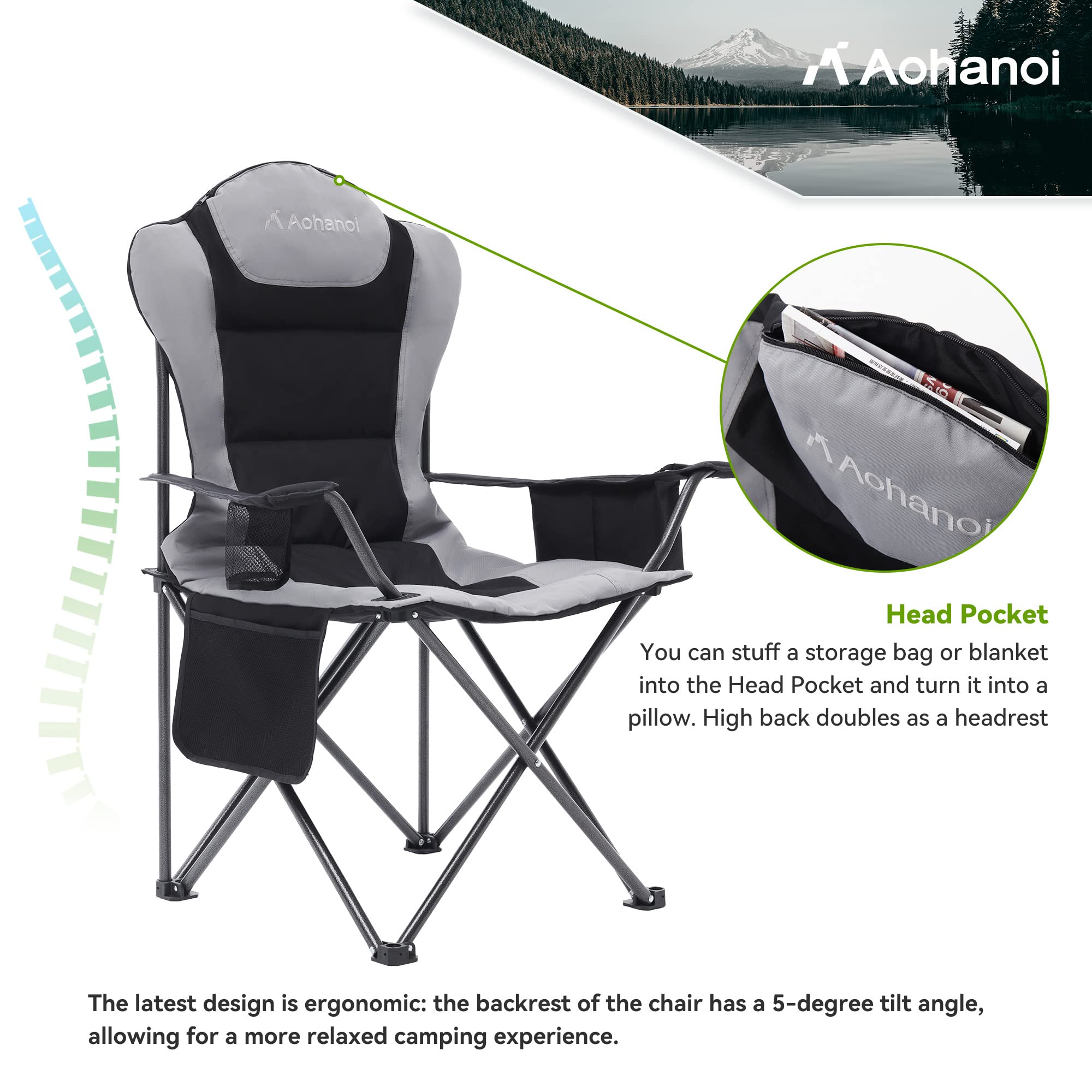 Aohanoi 2 Pack Camp Chairs for Heavy People, Outdoor Folding Camping Chairs with Cup Holder & Cooler Bag for Outside Supports up to 300lbs (2 Pcs, Black)