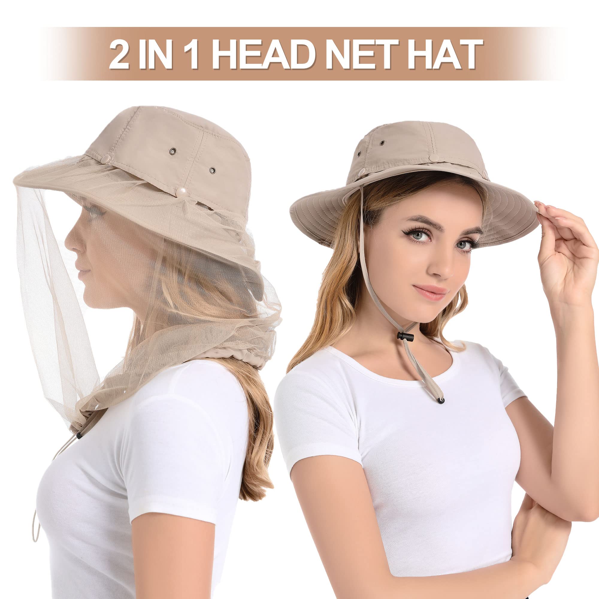 Mosquito Head Net Hat - Bug Cap UPF 50+ Sun Protection with Hidden Netting for Beekeeping Hiking Men & Women Khaki