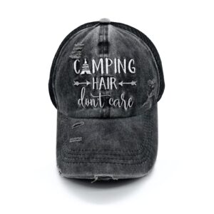 Waldeal Embroidered Camping Hair Don't Care Trucker Hat Distressed Messy Bun Ponytail Baseball Cap for Men Women Black