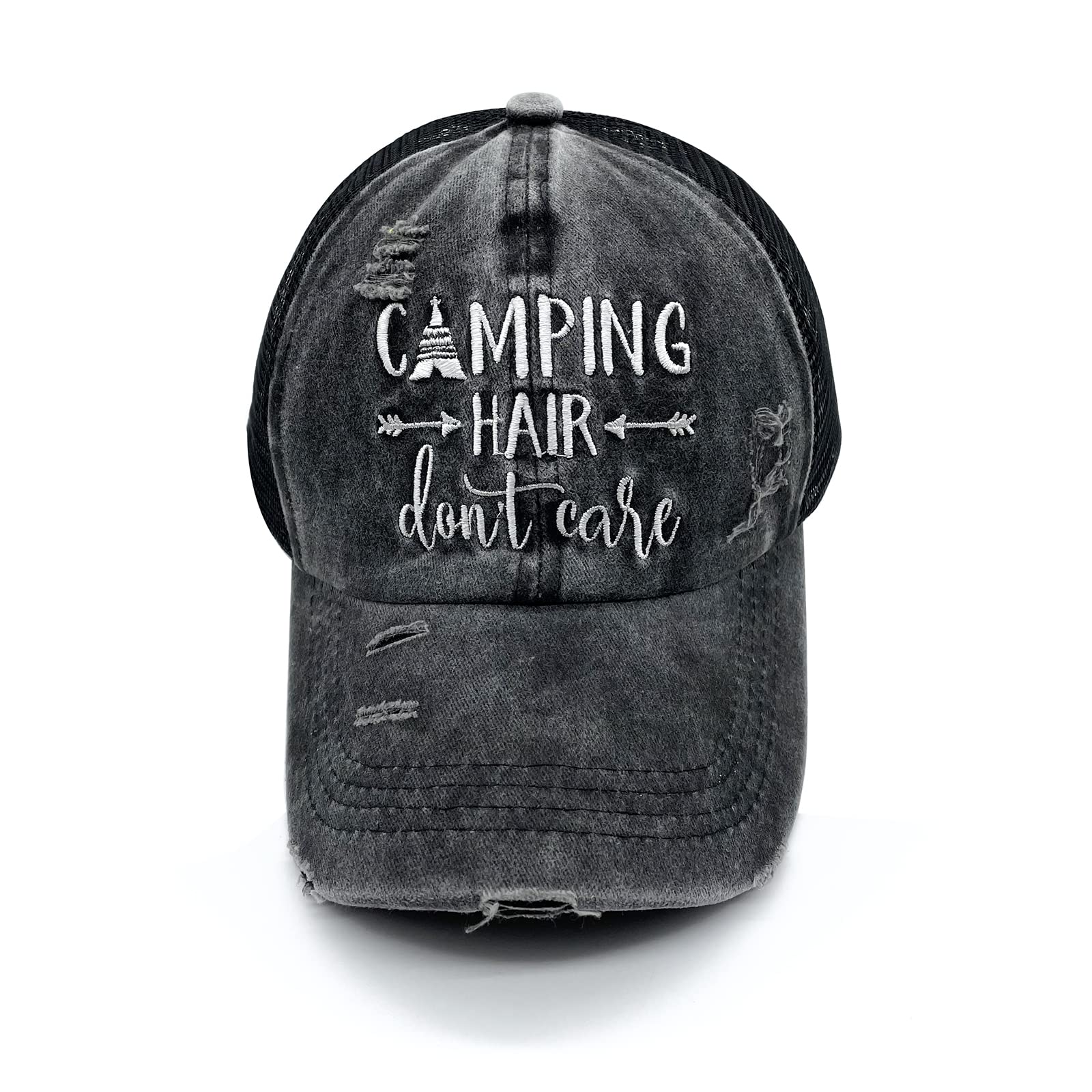 Waldeal Embroidered Camping Hair Don't Care Trucker Hat Distressed Messy Bun Ponytail Baseball Cap for Men Women Black