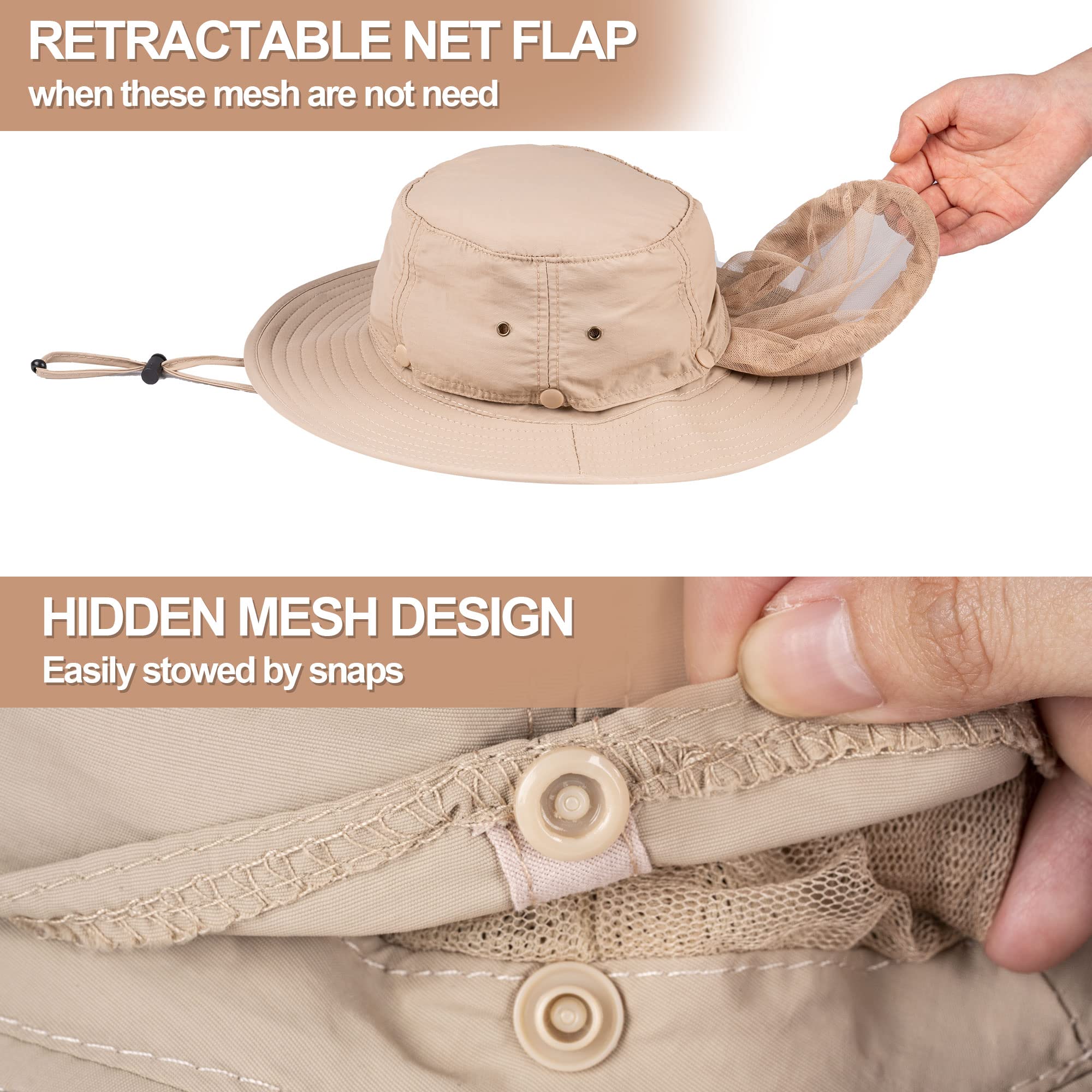 Mosquito Head Net Hat - Bug Cap UPF 50+ Sun Protection with Hidden Netting for Beekeeping Hiking Men & Women Khaki