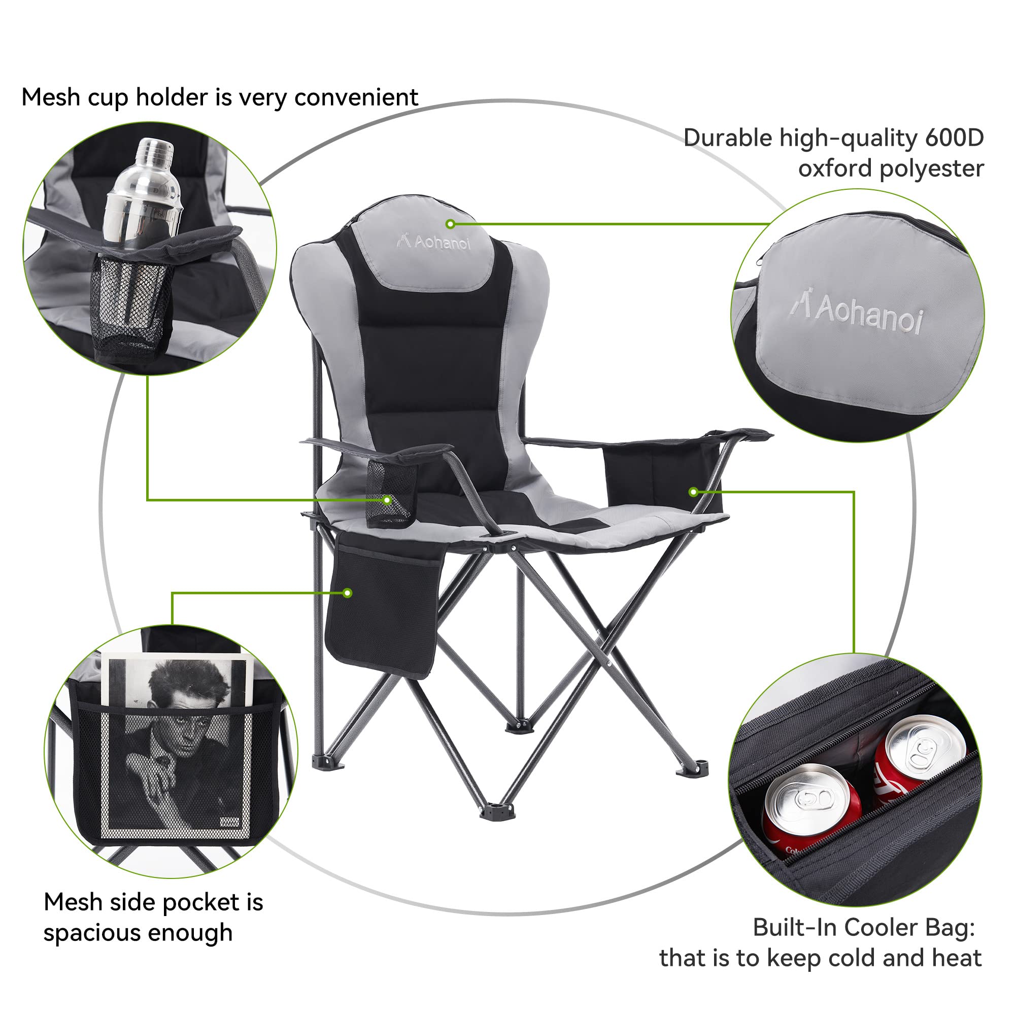 Aohanoi 2 Pack Camp Chairs for Heavy People, Outdoor Folding Camping Chairs with Cup Holder & Cooler Bag for Outside Supports up to 300lbs (2 Pcs, Black)