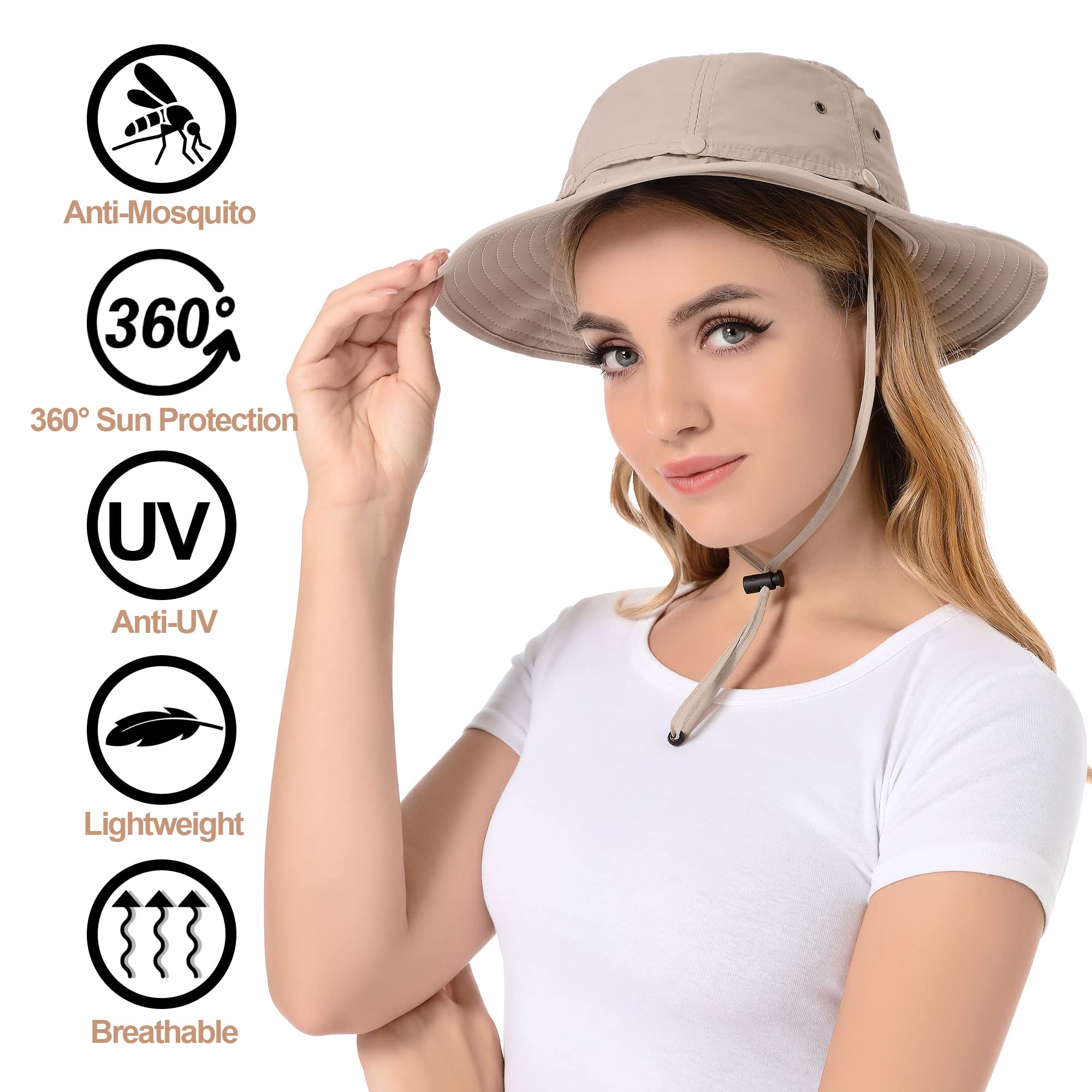 Mosquito Head Net Hat - Bug Cap UPF 50+ Sun Protection with Hidden Netting for Beekeeping Hiking Men & Women Khaki