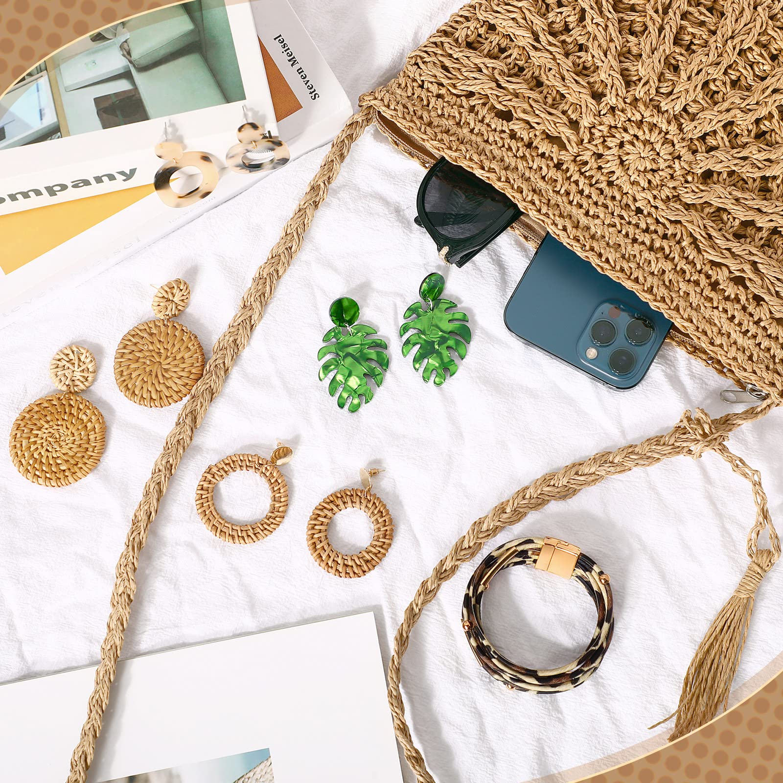 Beach Purse Earrings Set Straw Shoulder Bag Vacation Beach Purse with 4 Rattan Boho Tropical Earrings Leopard Bracelet Kit (Semicircular)