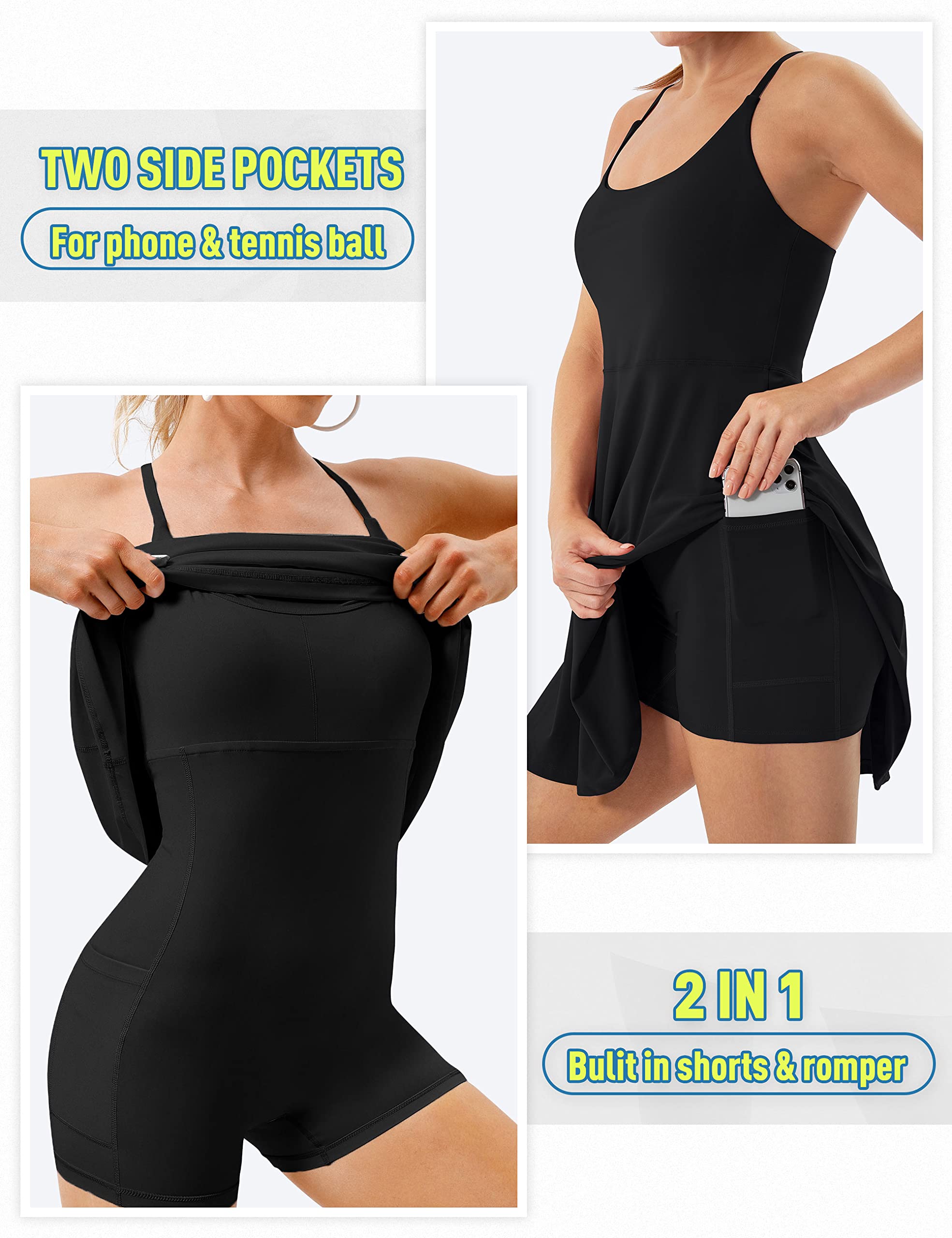 Ewedoos Tennis Dress Womens Athletic Dress Built in Shorts & Bra Adjustable Straps Workout Exercise Golf Summer Dress Black