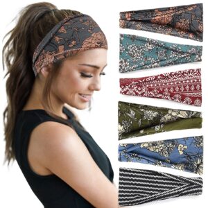 huachi boho headbands - wide non-slip hair accessories for women's yoga, workout and summer, 6 pack