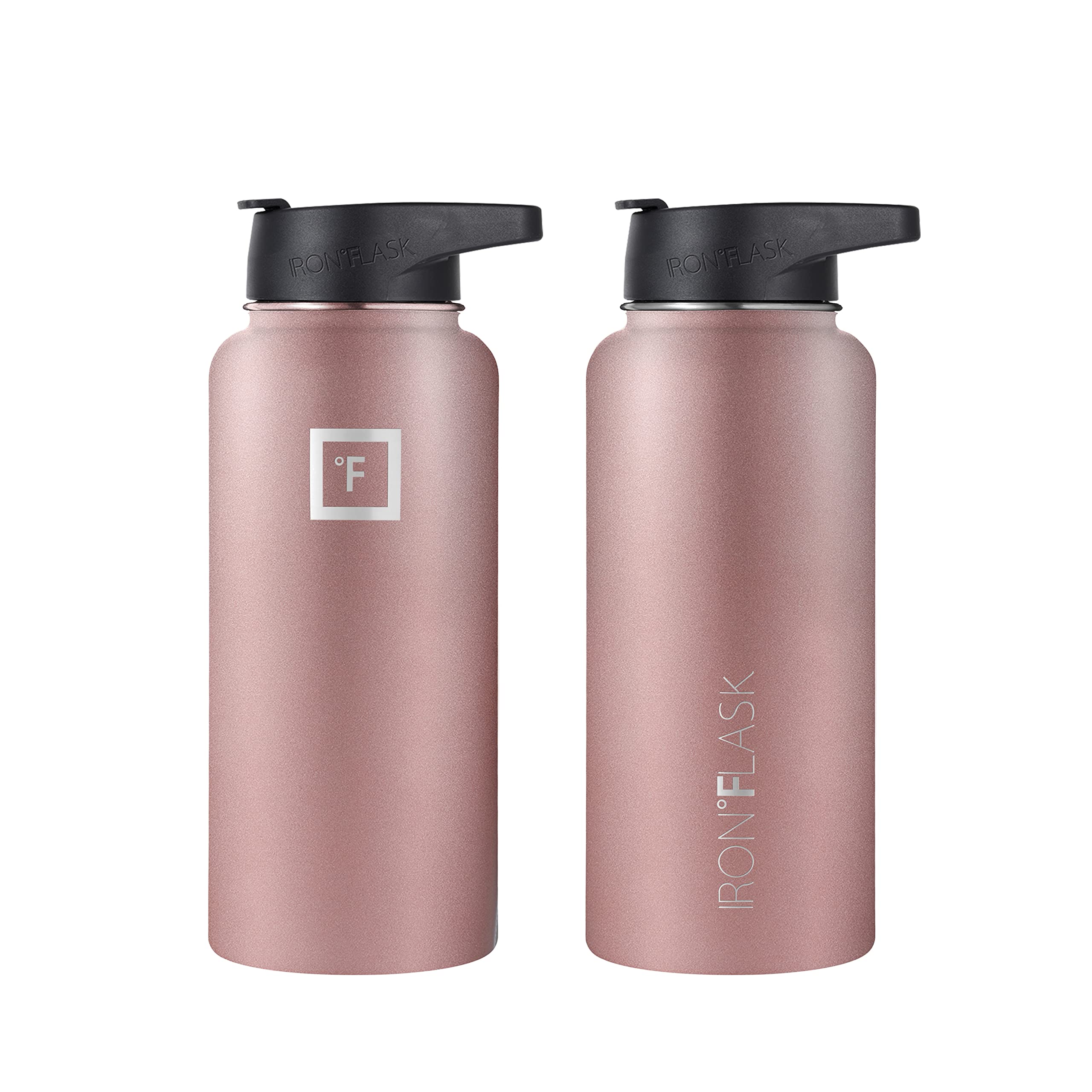 IRON °FLASK Camping & Hiking Hydration Flask, Wide Mouth, 3 Straw Lids, Stainless Steel Outdoor Water Bottle, Double Walled, Insulated Thermos, Metal Canteen - Rose Gold, 32 Oz