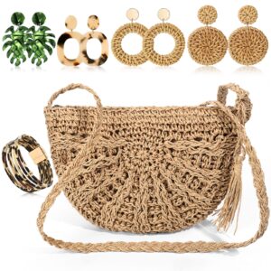 beach purse earrings set straw shoulder bag vacation beach purse with 4 rattan boho tropical earrings leopard bracelet kit (semicircular)