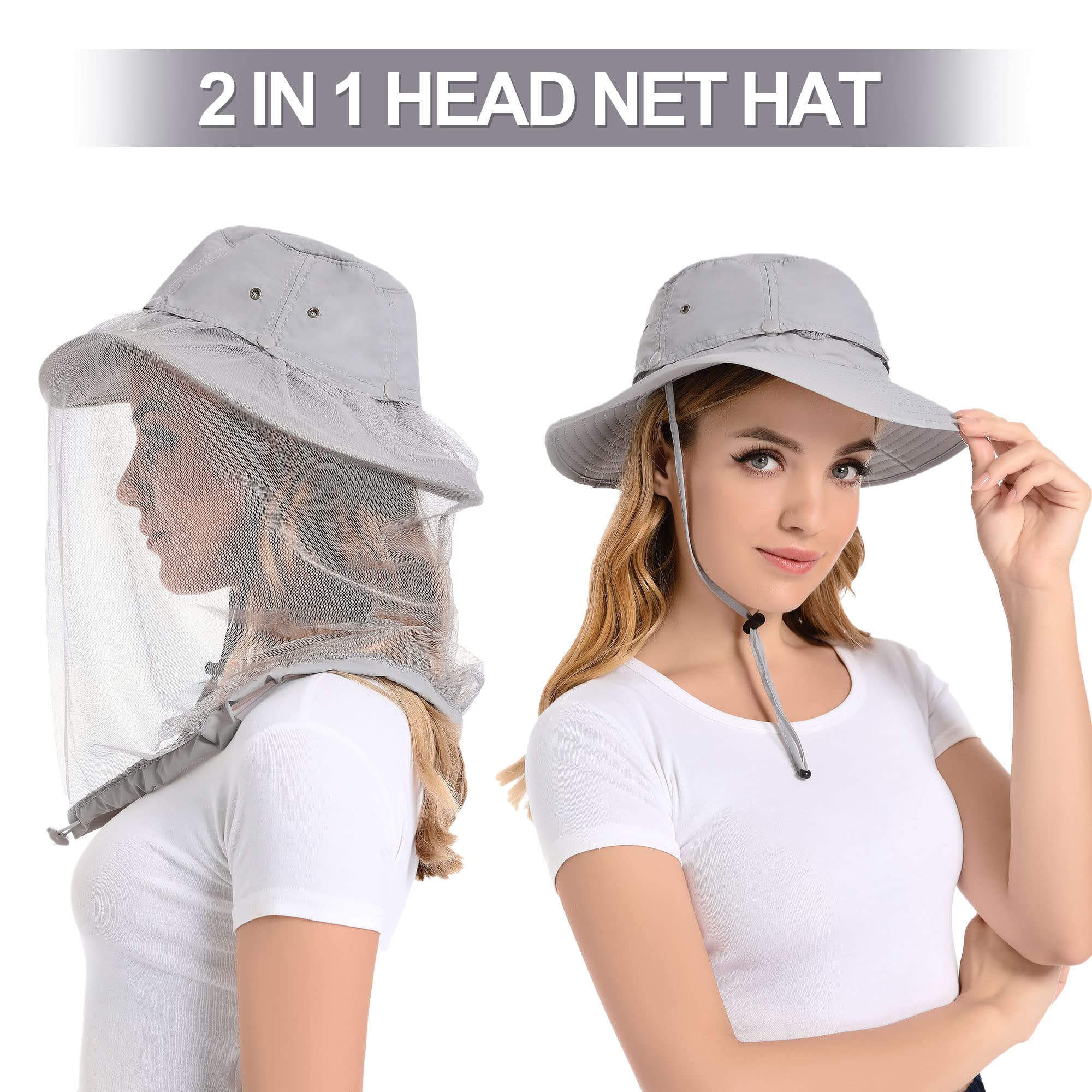 Mosquito Head Net Hat - Bug Cap UPF 50+ Sun Protection with Hidden Netting for Beekeeping Hiking Men & Women Light Grey