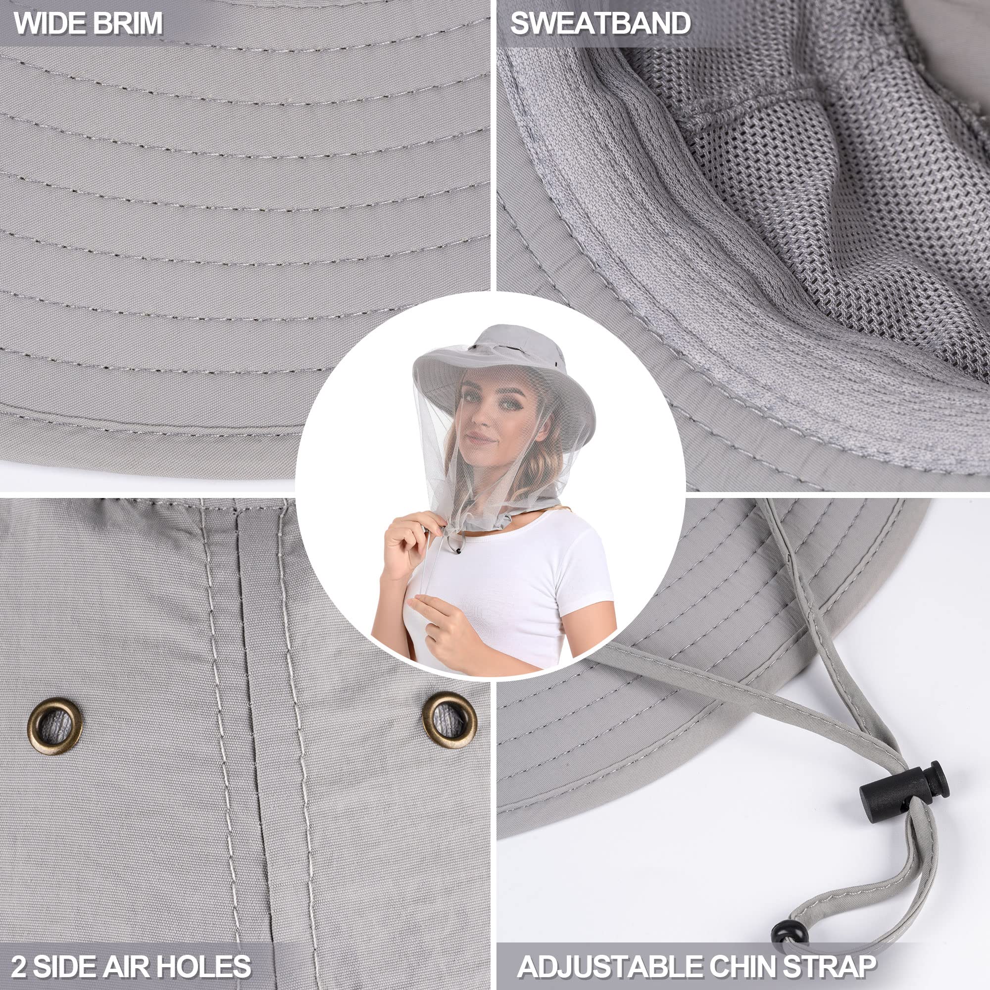 Mosquito Head Net Hat - Bug Cap UPF 50+ Sun Protection with Hidden Netting for Beekeeping Hiking Men & Women Light Grey