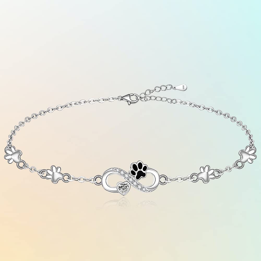 Fenthring Cat Dog Paw Print Bracelet Sterling Silver Infinity Heart Puppy Paw Memorial Mothers Day Bracelets for Women Jewelry Gifts