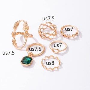 Octwine Rhinstone Boho Knuckle Rings Set Gold Star Stacking Midi Finger Rings Set Bohomian Crystal Green Rhinestones Statement Joint Carved Knuckle Ring Set for Women 6 Pcs