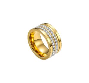 fusamk fashion 18k gold stainless steel band ring two row crystal ring(gold(9))