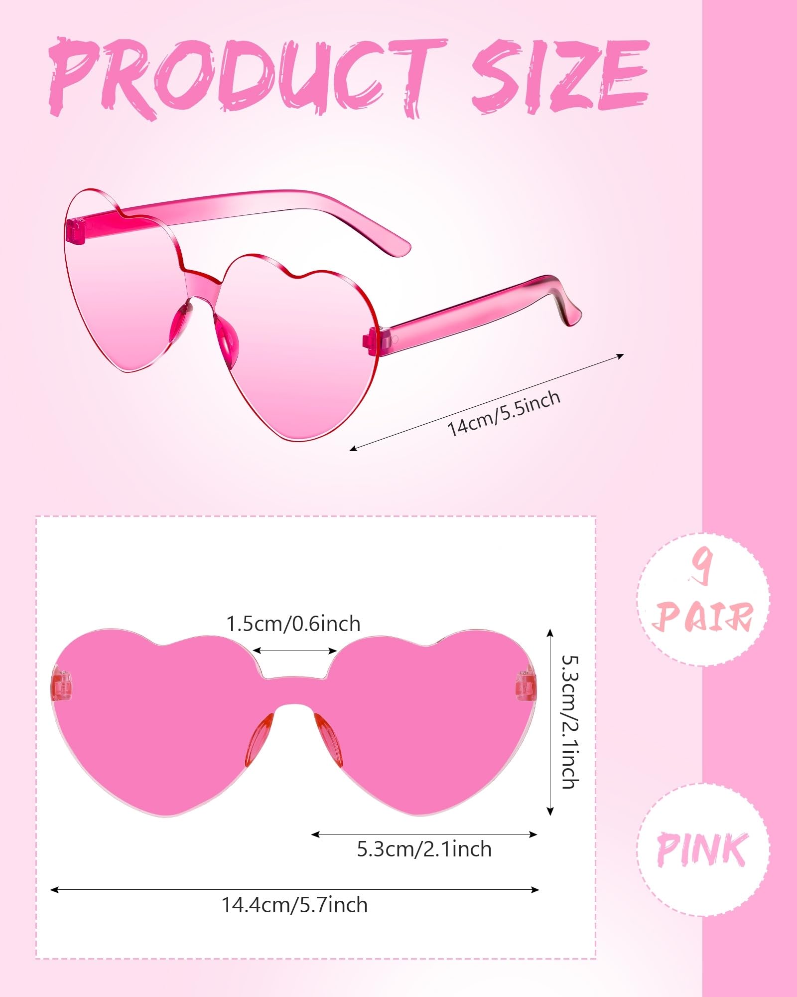 ZHANGBY 9 Pairs Heart Sunglasses for Women Frameless Trendy Transparent Hot Pink Glasses (Pink)