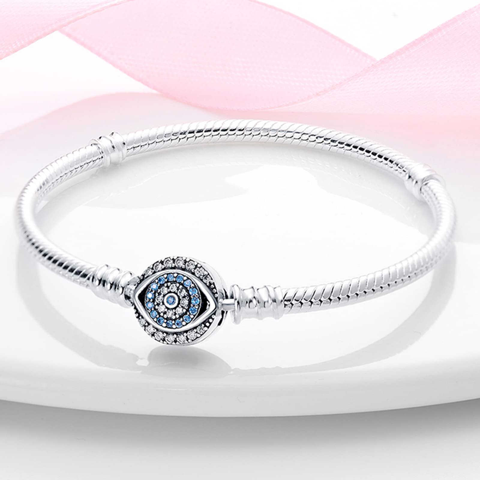 LENDPLEX 925 Sterling Silver Heart Clasp Snake Chain Bracelet Fit for Charm Bracelet-Evil eye 7.1 inch